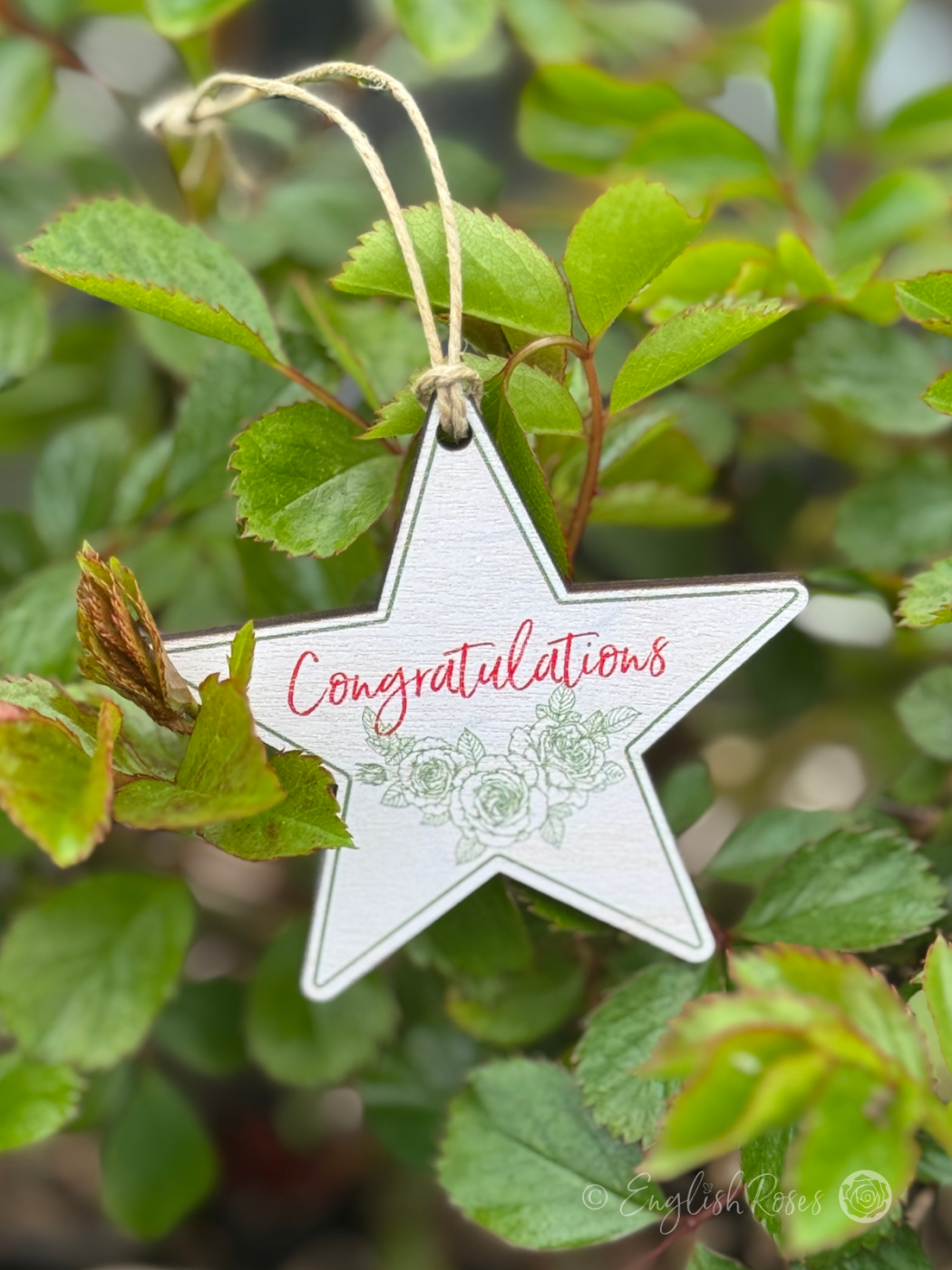 'Congratulations' Wooden Tag 6.5cm - English Roses